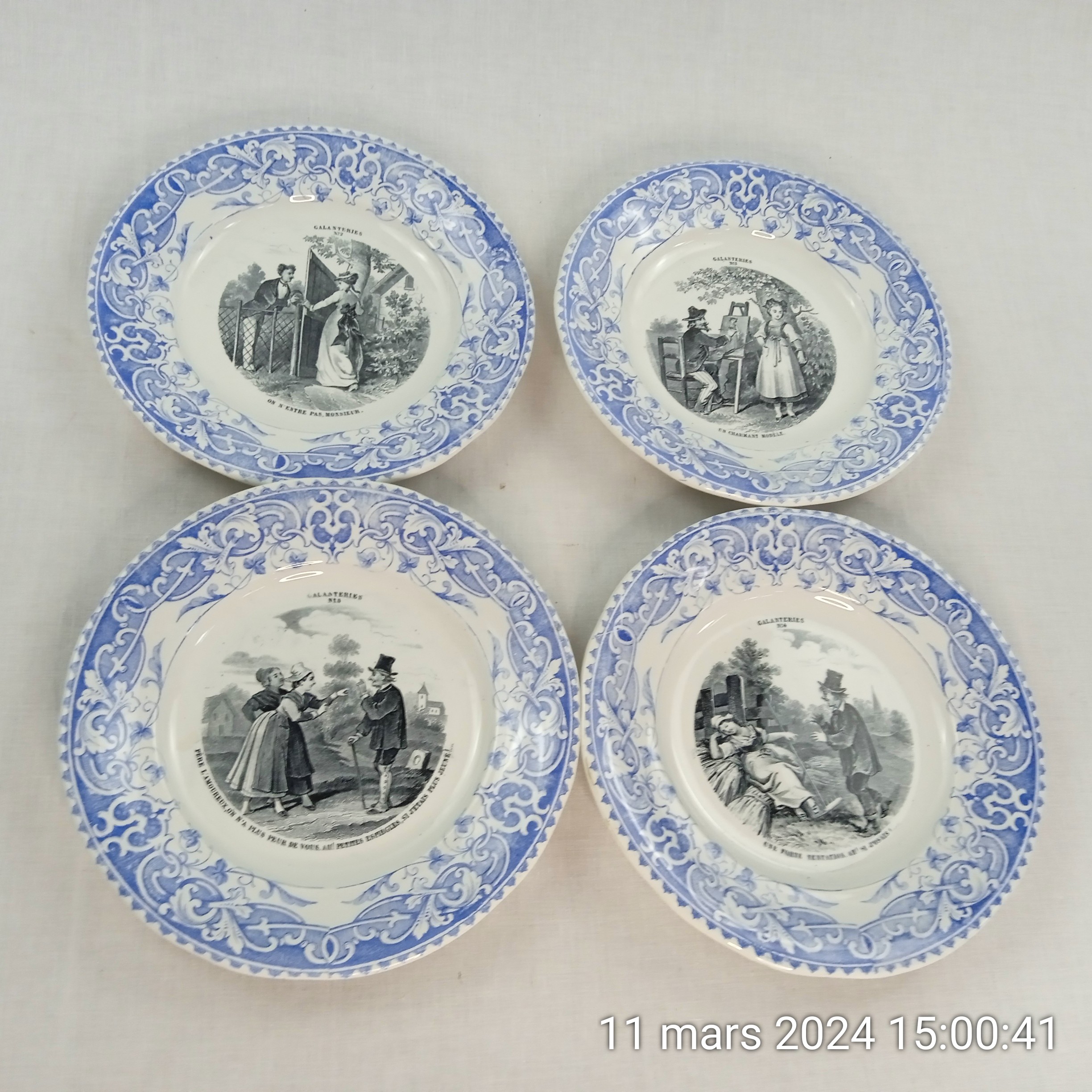 🏠 Lot de 4 assiettes parlante antique collection "Galanteries" N° 22,23 ...