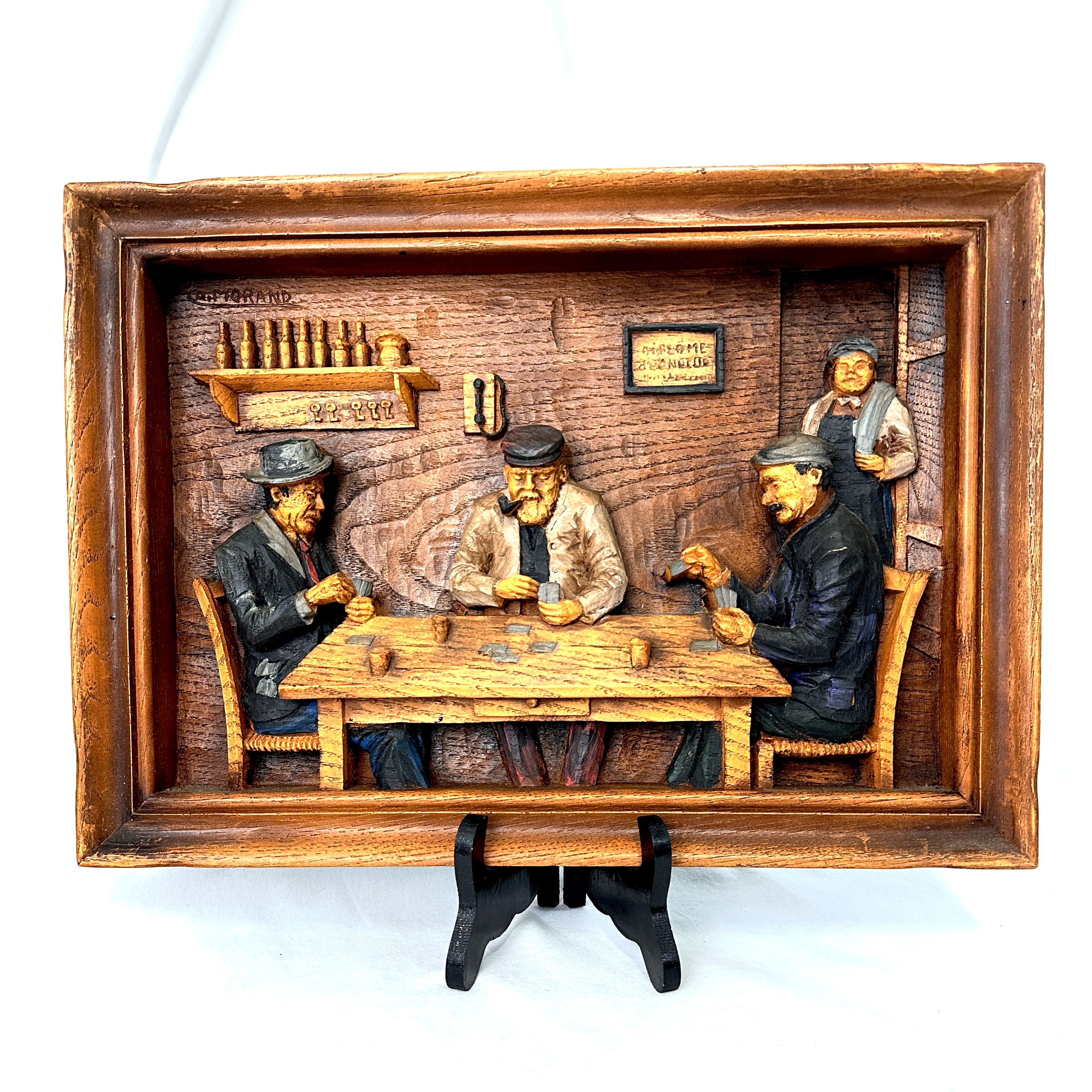 Tableau en bois sculpté - Scène de vie joueur de cartes au bar -Signé A ...