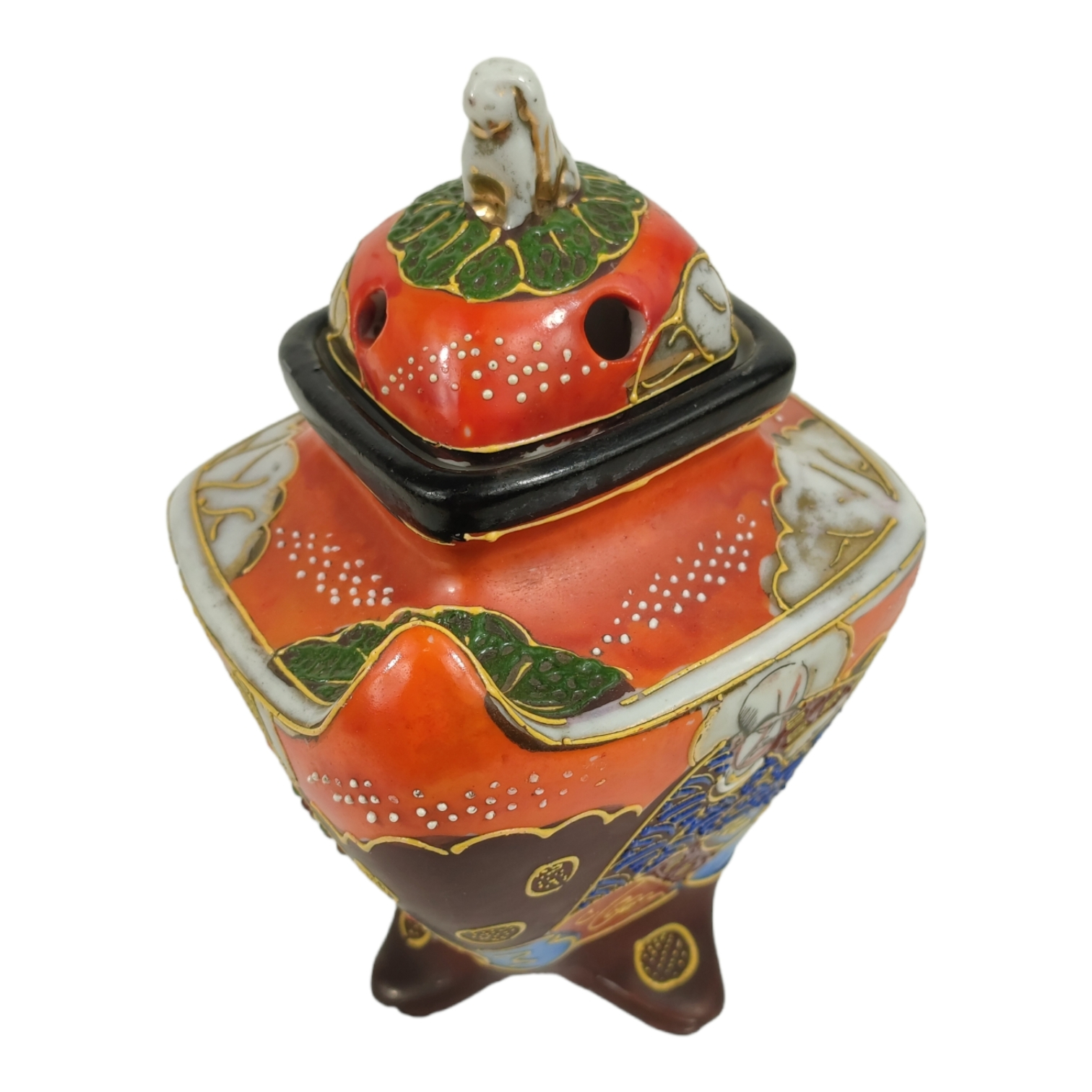 Pot à encens - brûle parfum japonais en porcelaine Satsuma - orange, marron et dorure - Label Emmaüs