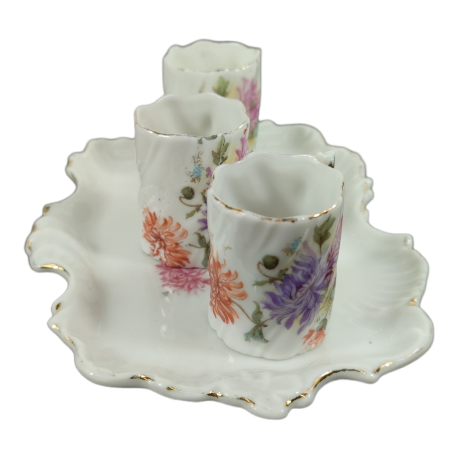 Lot de 3 petites tasses à thé et leur plateau en porcelaine - décor ...