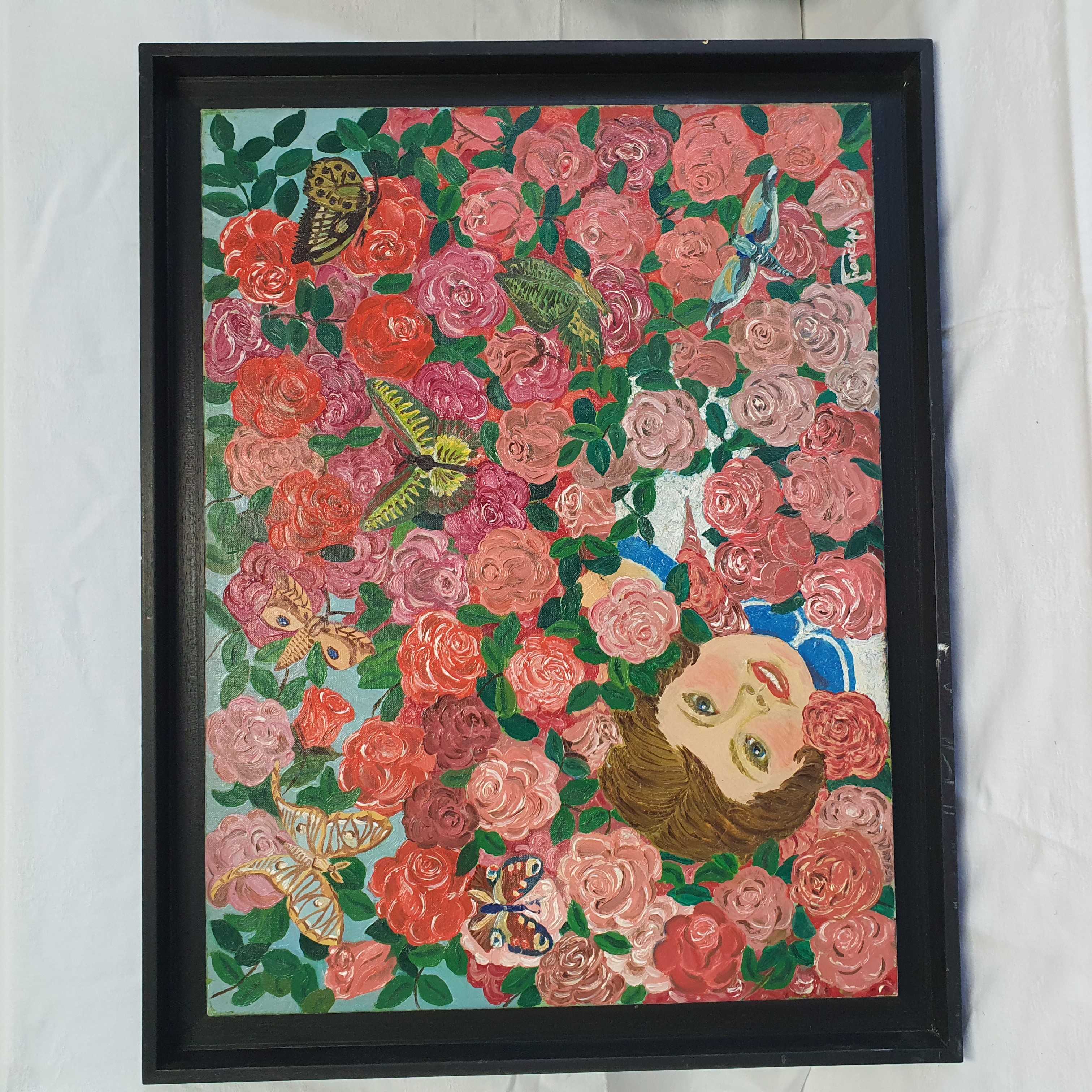 Tableau Fillette Sous Un Rosier Amateur Gouache - Label Emmaüs