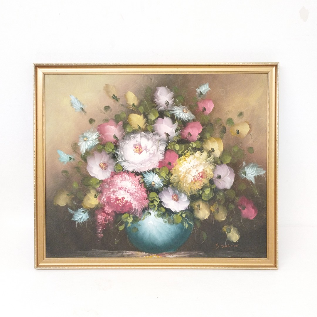 tableau Nature Morte de Fleurs Huile sur toile - Signé S.EASTON - Label ...