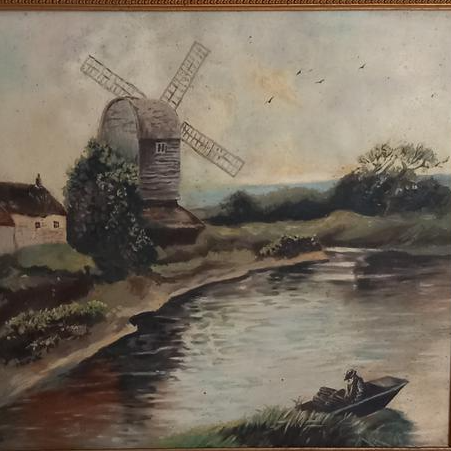 🏠 Tableau Ancienne Peinture A L'Huile De Paysage Moulin A Signé pour la ...