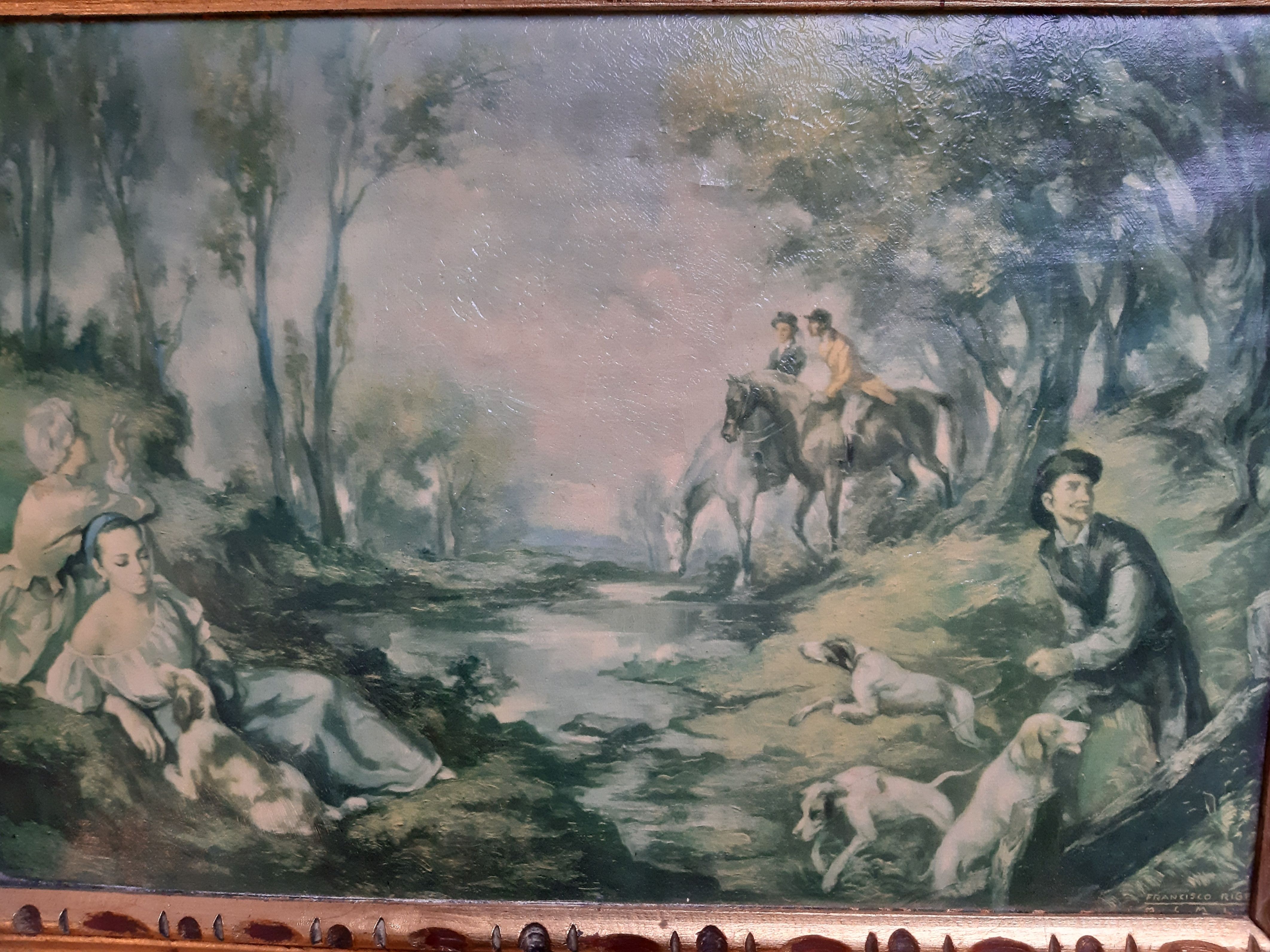 Tableau ancien Huile sur toile, Foret avec scène de Chasse à courre et ...