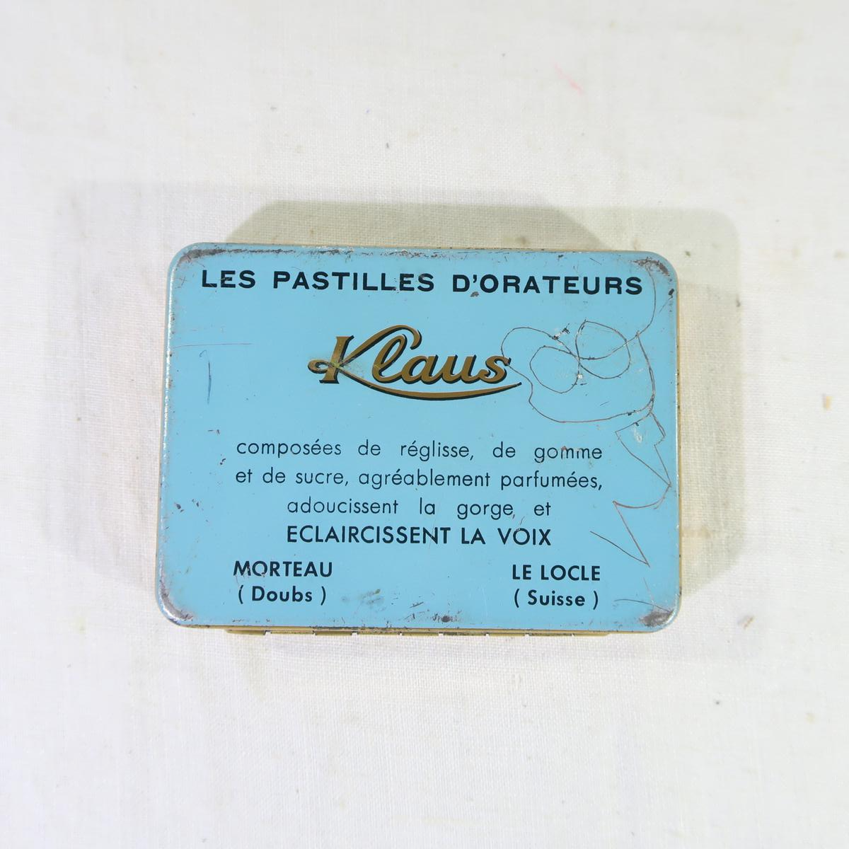 Boite ancienne " Pastilles D'Orateurs Klaus " en métal - Label Emmaüs