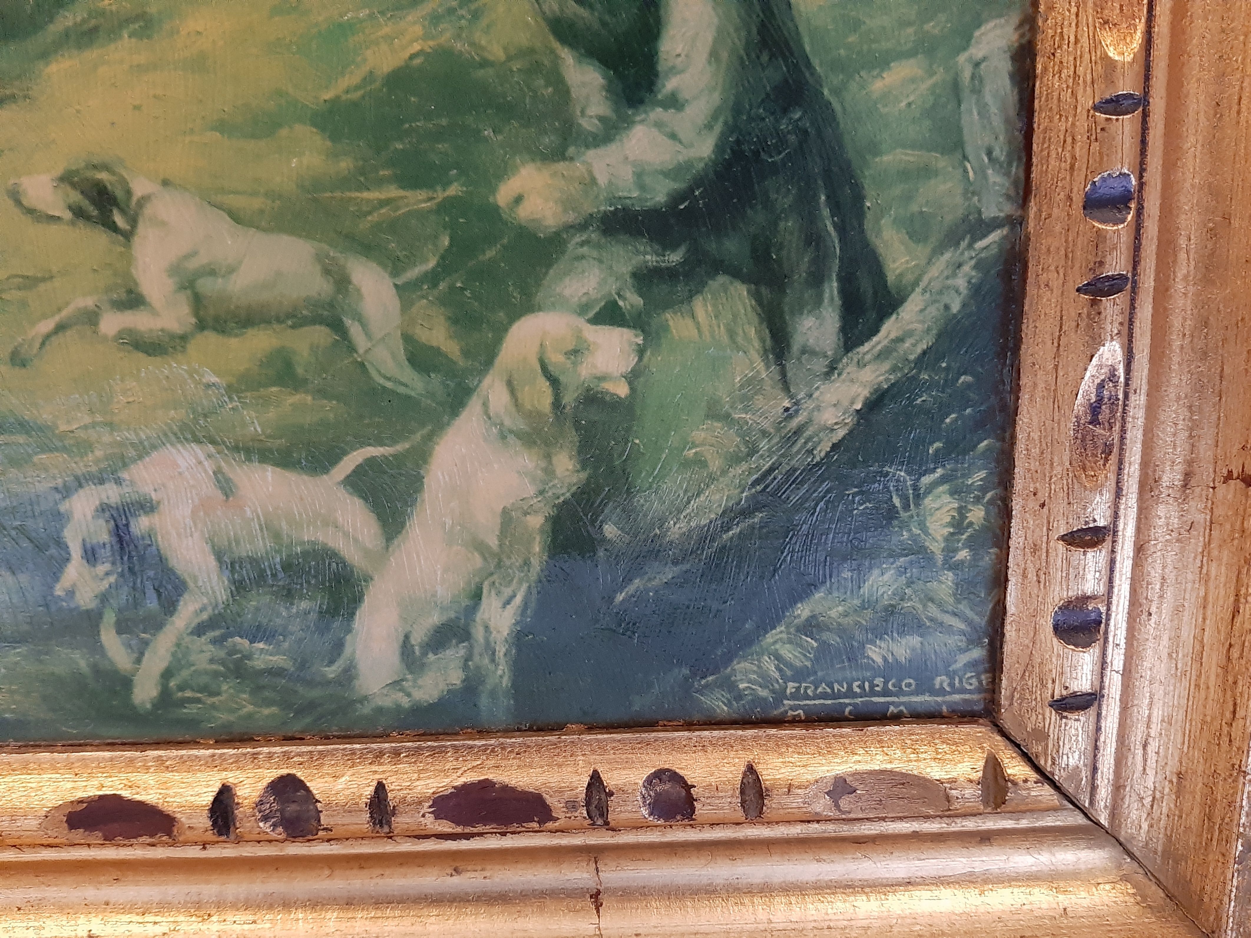 Tableau ancien Huile sur toile, Foret avec scène de Chasse à courre et ...