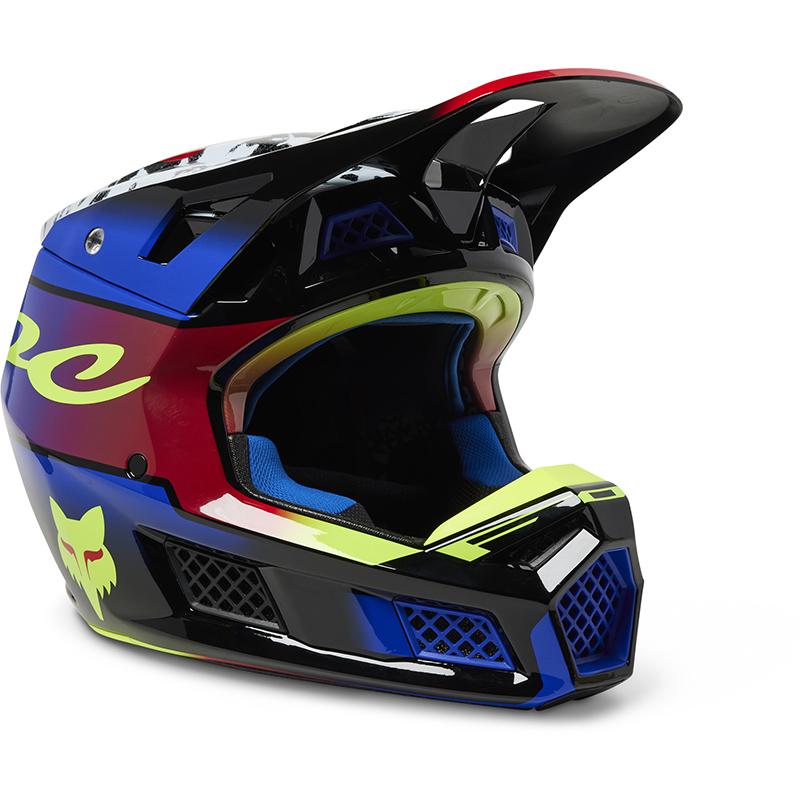 Casque cross V3 RS DKAY FOX bleu/jaune fluo - MOTO-AXXE.FR, Casque Cross