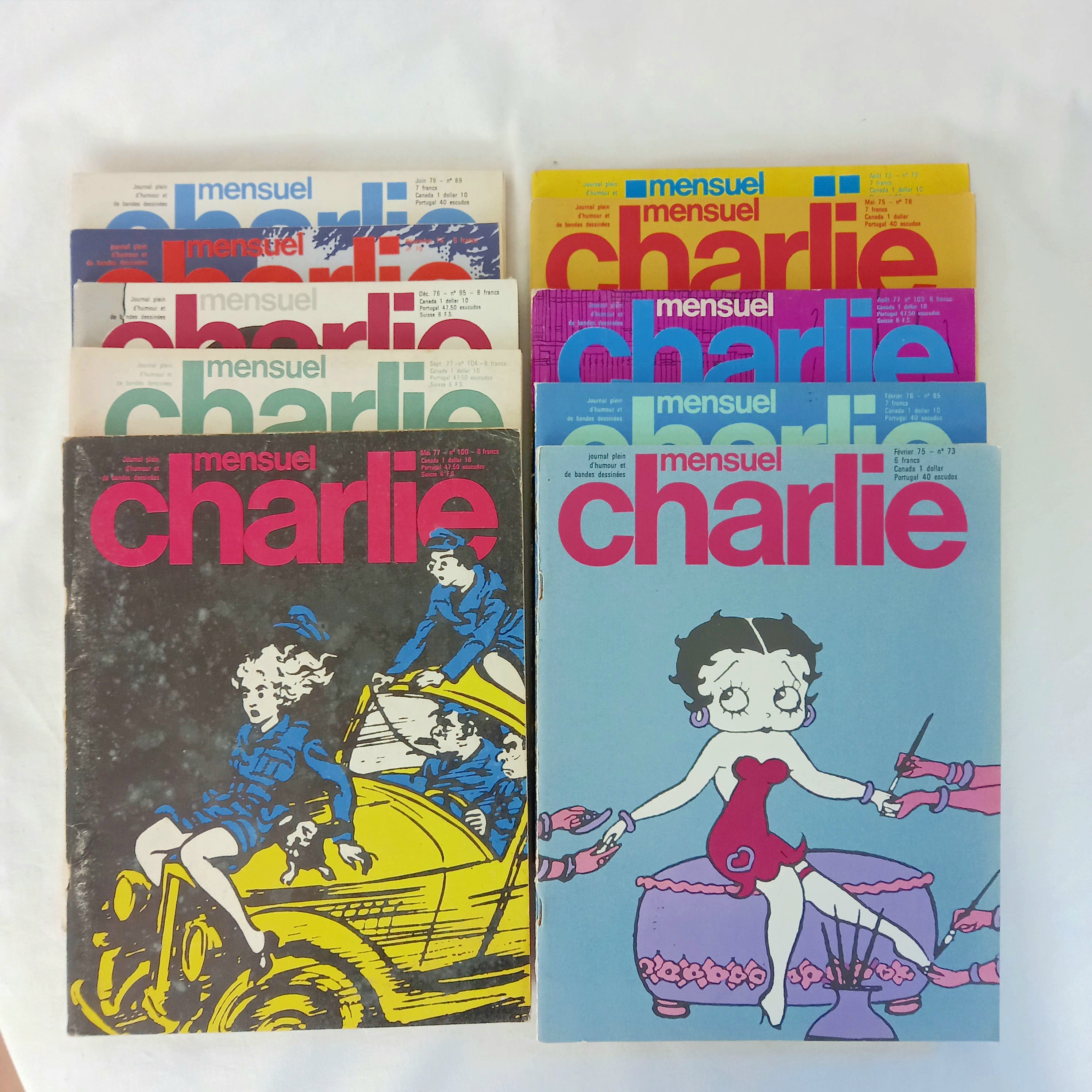 Lot de 10 revues Charlie Mensuel - Années 1974 à 1978 - Label Emmaüs